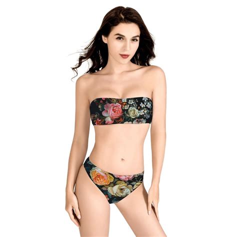 Rose Flower Two Piece Bandeau Strapless Bikini Swimsuit Sold By Yue