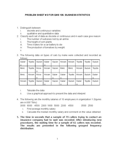 Problem Sheet 3 Statistics Problem Sheet 3 For Qms 105 Business Statistics Distinguish