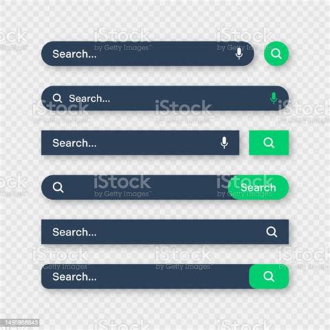 다양한 검색 창 템플릿 어두운 모드 검색 상자 주소 표시 줄 및 텍스트 필드가있는 인터넷 브라우저 엔진 Ui 디자인 웹 아이콘 및 푸시 버튼이있는 웹 사이트 인터페이스 요소