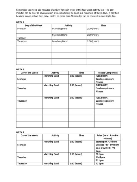 4 Week Pe Activity Log Pdf Heart Rate
