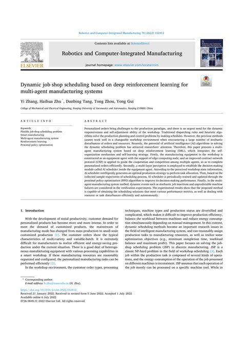 Pdf Dynamic Job Shop Scheduling Based On Deep Reinforcement Learning For Multi Agent