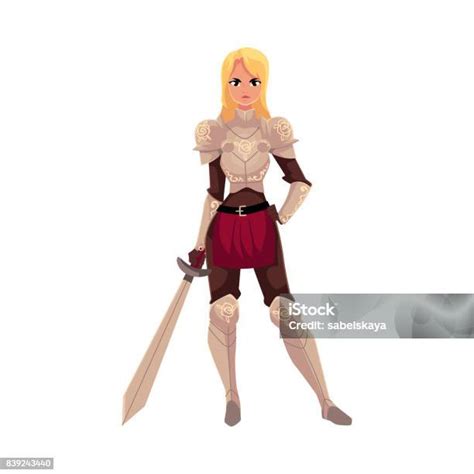 아름 다운 금발의 여 자가 칼을 들고 중세 기사로 옷을 입고 여성에 대한 스톡 벡터 아트 및 기타 이미지 여성 여자 기사