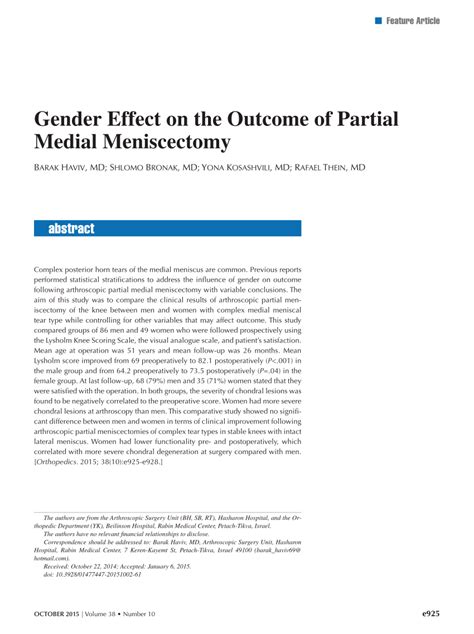 Pdf Gender Effect On The Outcome Of Partial Medial Meniscectomy
