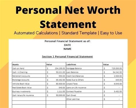 Personal Net Worth Statement Template Excel Download Automated Calculations Editable Etsy