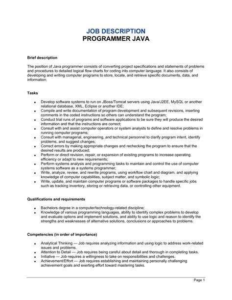 Programmer Java Job Description Template Free Word