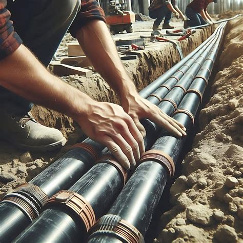Premium Photo Workers Laying Pipeline In The Ground