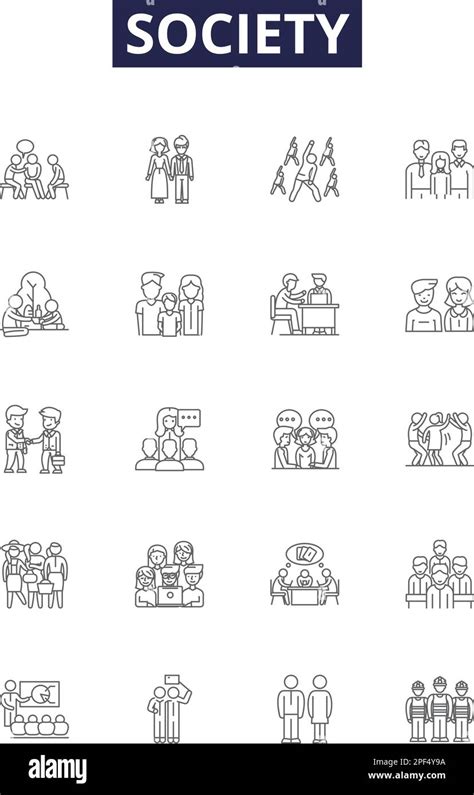 Society Line Vector Icons And Signs Community People Norms Relationships Values Customs