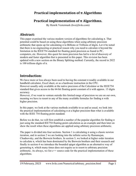 Pdf Practical Implementation Of π Algorithms With Arbitrary Precision