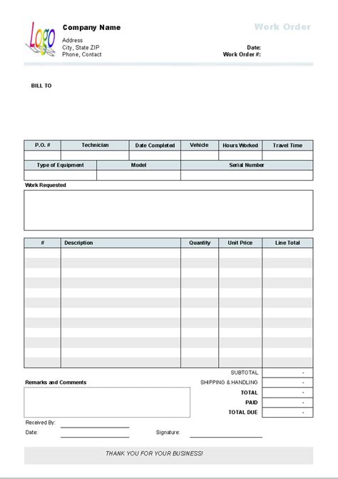 Free Work Order Template Excel
