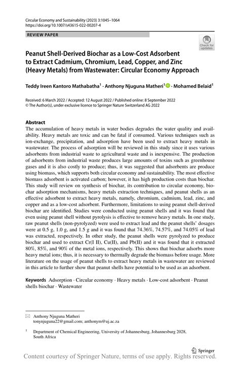 Peanut Shell Derived Biochar As A Low Cost Adsorbent To Extract Cadmium