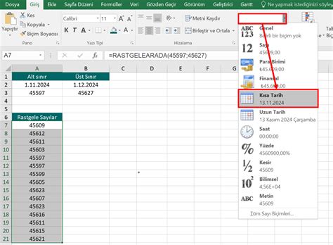 Excelde Rastgele Tarihleri Otomatik Doldurma