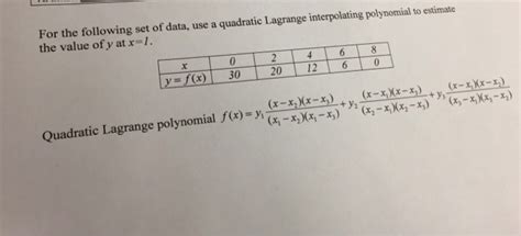 solved for the following set of data use a quadratic
