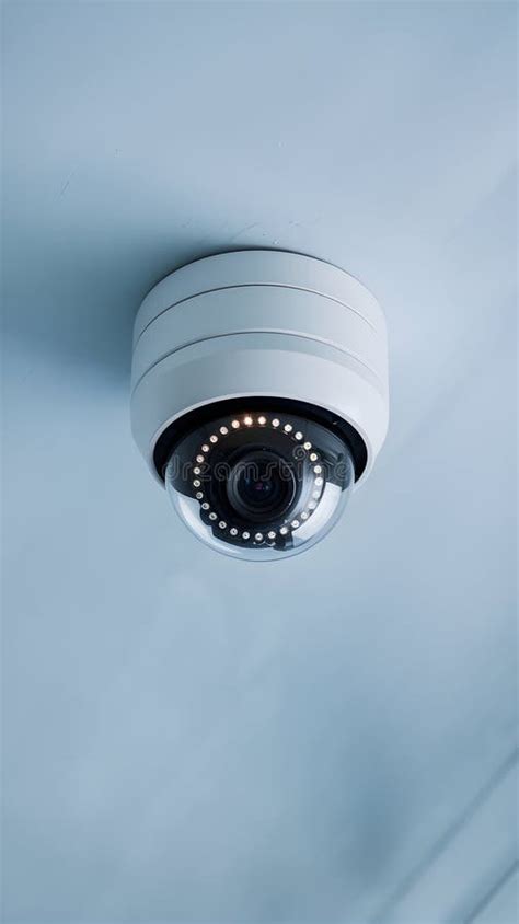 Surveillance Camera Mounted On Ceiling With Circular Lens Minimalist Security Scene Stock
