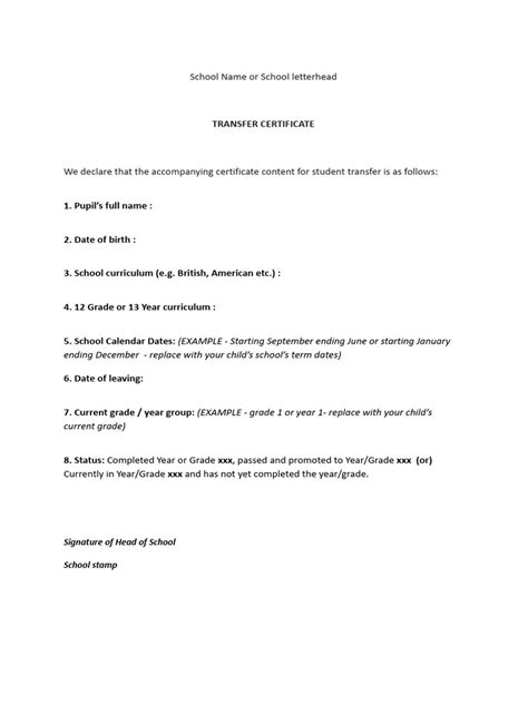 Primary School Transfer Certificate Format Pdf