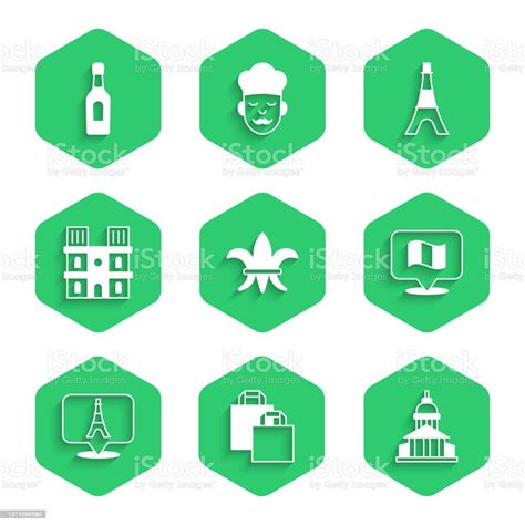 플뢰르 드 리스 종이 쇼핑백 박물관 건물 플래그 프랑스 에펠탑 노트르담 드 파리 샴페인 병 아이콘 을 설정합니다 벡터 건설