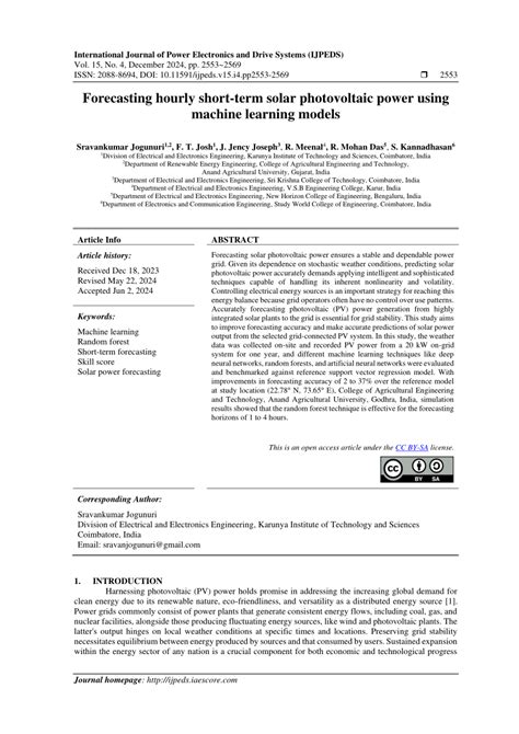 Pdf Forecasting Hourly Short Term Solar Photovoltaic Power Using