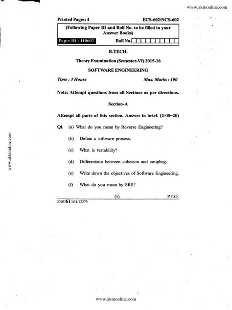 Btech Cs 6 Sem Software Engineering Ncs 602 2016 Pdf Applied