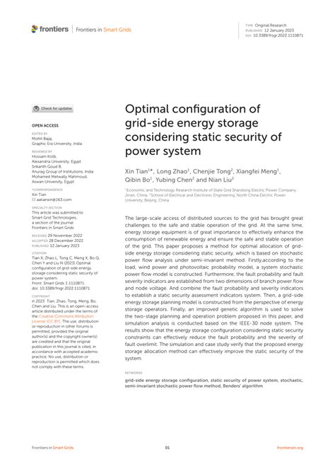 Pdf Optimal Configuration Of Grid Side Energy Storage Considering Static Security Of Power System