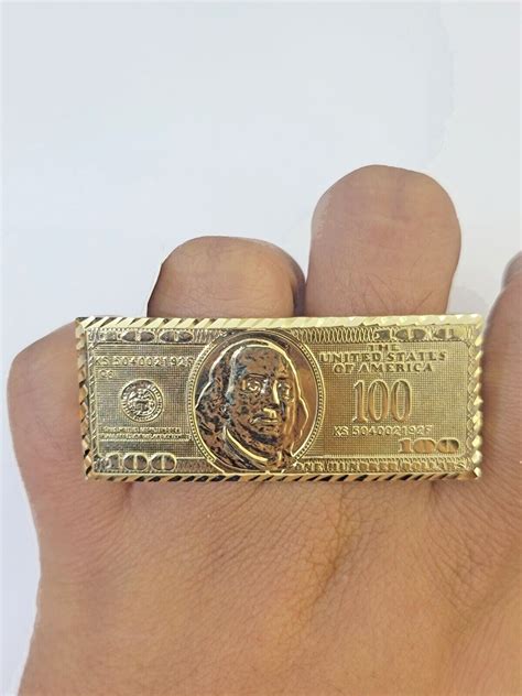 Real 10k Gold 100 Dollar Bill Ring Diamond Cut 10kt Yellow Gold Ring A