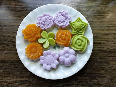 Thai Traditional Dessert Coconut Milk Jelly Flowers On Wooden