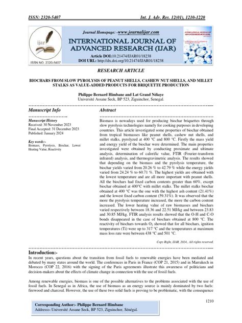 Biochars From Slow Pyrolysis Of Peanut Shells Cashew Nut Shells And