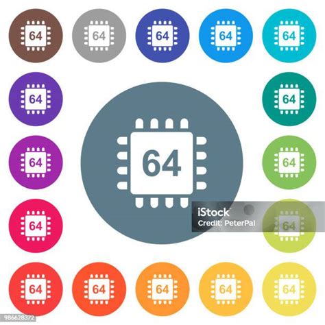 Mikroprosesor Arsitektur 64 Bit Ikon Putih Datar Pada Latar Belakang Warna Bulat Ilustrasi Stok