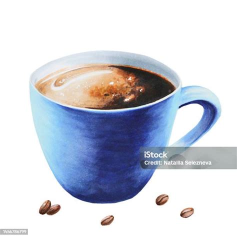 수채화 강한 아메리카노 그림 커피가 커피와 함께 도자기 컵에 있습니다 흰색 고립된 배경에 손으로 그림을 그립니다 디자이너 메뉴