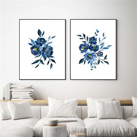 Navy Blue Flower Wall Art Floral Bedroom Decor Set Of 2 Framed