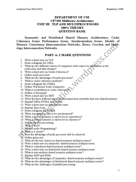 Department Of Cse Cp7103 Multicore Architecture Unit Iii Tlp And