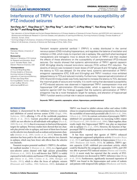 Pdf Interference Of Trpv1 Function Altered The Susceptibility Of Ptz Induced Seizures