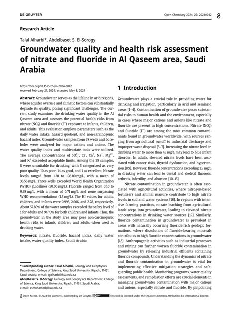 Pdf Groundwater Quality And Health Risk Assessment Of Nitrate And Fluoride In Al Qaseem Area