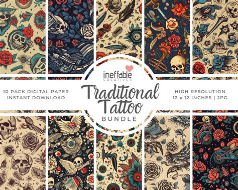 Traditional Tattoo Seamless Patterns Digital Scrapbook Paper Digital Download Etsy