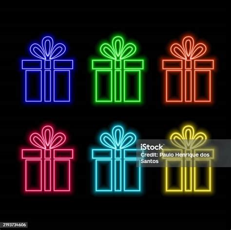 밝은 네온 라인 선물 상자 아이콘은 검은 배경에 고립되어 있습니다 즐거운 성탄절 보내시고 새해 복 많이 받으세요 검증에 대한 스톡 벡터 아트 및 기타 이미지 Istock