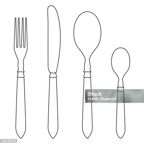 칼 붙이 세트차 숟가락 테이블 스푼 나이프 포크 그리기 개요 개체 그룹에 대한 스톡 벡터 아트 및 기타 이미지 개체 그룹