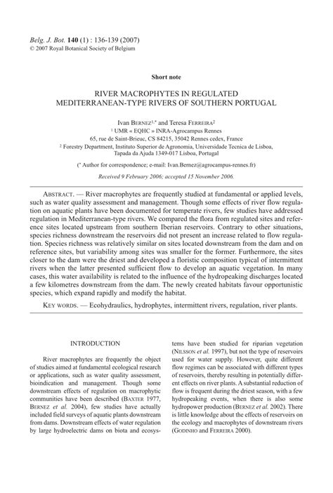 Pdf River Macrophytes In Regulated Mediterranean Type Rivers Of