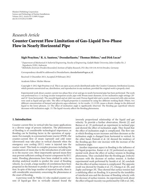 Pdf Counter Current Flow Limitation Of Gas Liquid Two Phase Flow In Nearly Horizontal Pipe