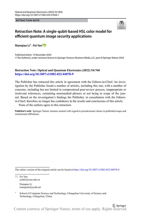 Retraction Note A Single Qubit Based Hsl Color Model For Efficient