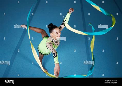 Rhythmic Gymnastics Woman In Gym And Ribbon With Balance Action With