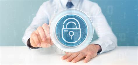 Businessman Holding Security Padlock Wheel Icon With Stats And Binary Code 3d Rendering Stock
