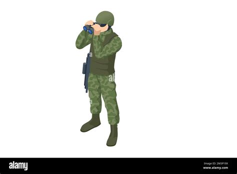 Isometric Military Soldier Scout In Battle Uniform And Helmet Looking Through Binoculars