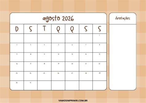 15 Calendários De Agosto 2026 Para Imprimir Vamos Imprimir