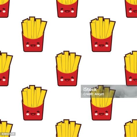 감자 튀김 귀여운 패스트 푸드 귀여운 캐릭터와 완벽 한 패턴 평면 디자인 벡터 감자 요리에 대한 스톡 벡터 아트 및 기타 이미지