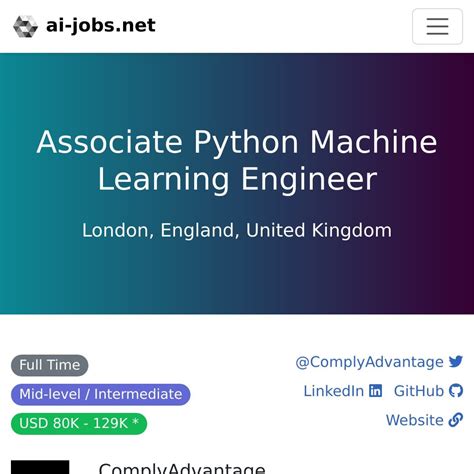 Hiring Associate Python Machine Learning Engineer In London England