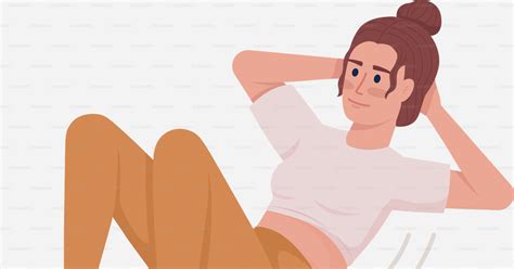 복부 크런치를 하는 웃는 여자는 세미 플랫 컬러 벡터 캐릭터를 한다 편집 가능한 그림입니다 흰색에 전신 사람 웹 그래픽