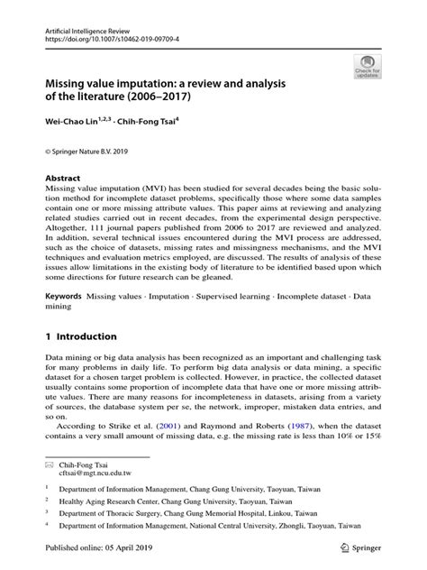 Missing Value Imputation A Review And Analysis Of The Literature 2006 2017 Pdf Regression