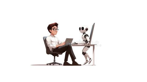 Happy Office Worker Collaborating With Robot Assistant On Tasks