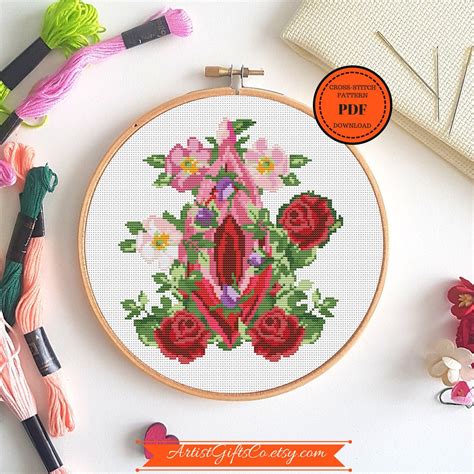 Set Of Sex Cross Stitch Pattern PDF Vulva Penis Art LGBT Couple Erotic Art For Gay Floral