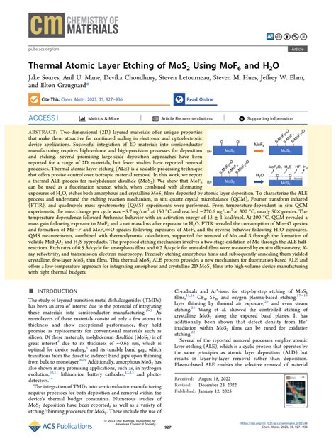 Pdf Thermal Atomic Layer Etching Of Mos 2 Using Mof 6 And H 2 O