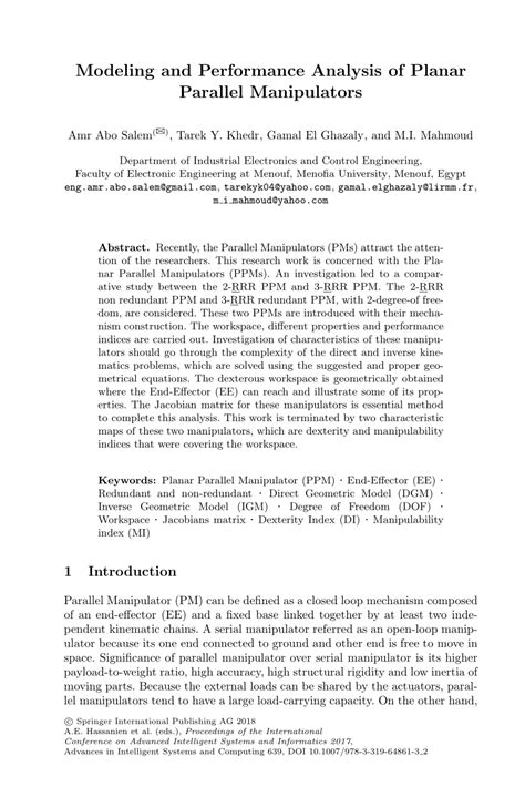 Pdf Modeling And Performance Analysis Of Planar Parallel Manipulators
