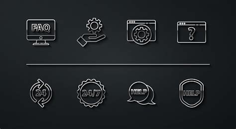 라인 컴퓨터 모니터 및 Faq 전화 24 시간 지원 물음표가있는 브라우저 말풍선 텍스트 도움말 시계 손에 설정 방패 및 설정 아이콘을 설정합니다 벡터 24에 대한 스톡 벡터